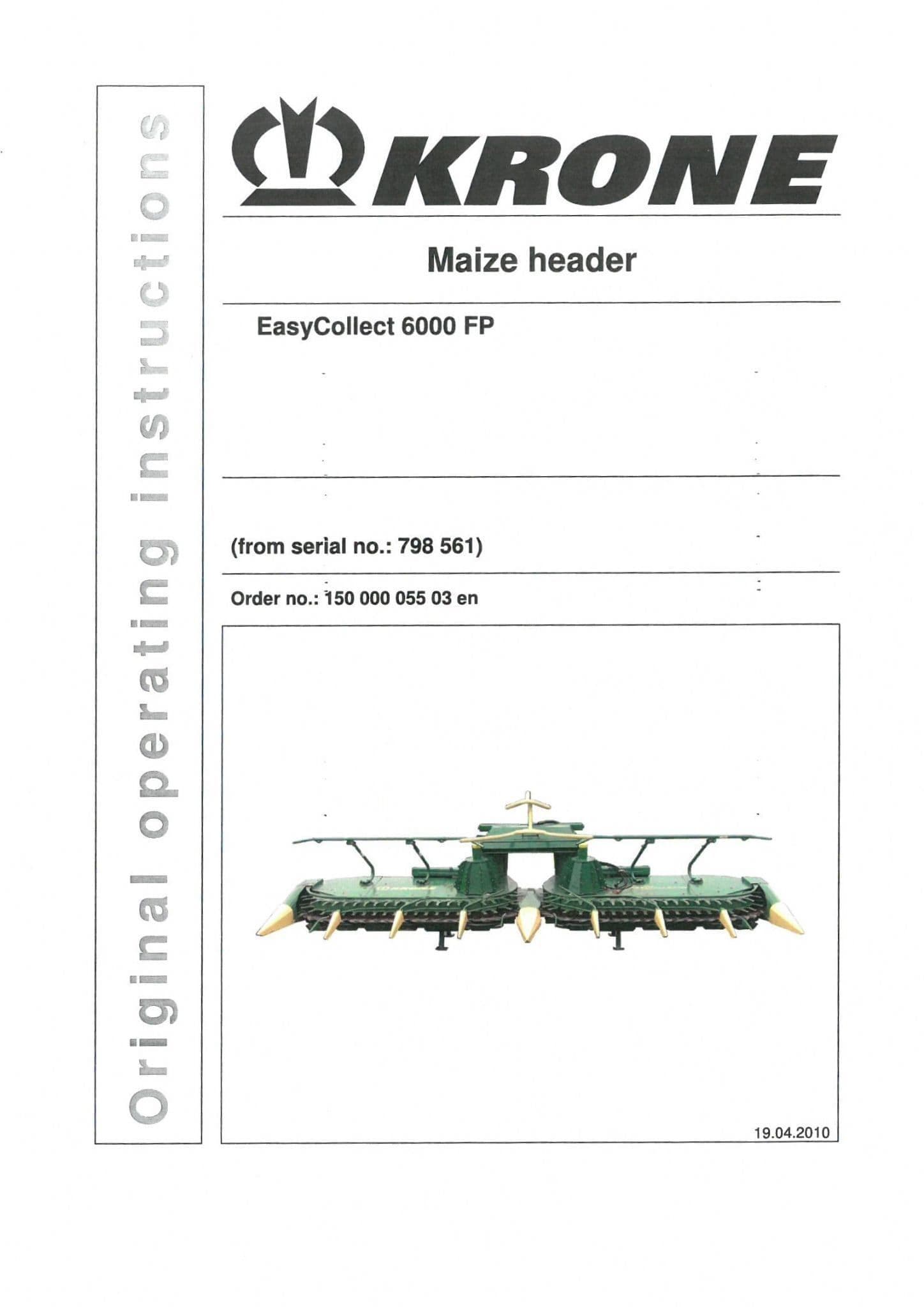 Krone Maize Header Easy Collect 6000 FP - Operators Manual - 6000 FP