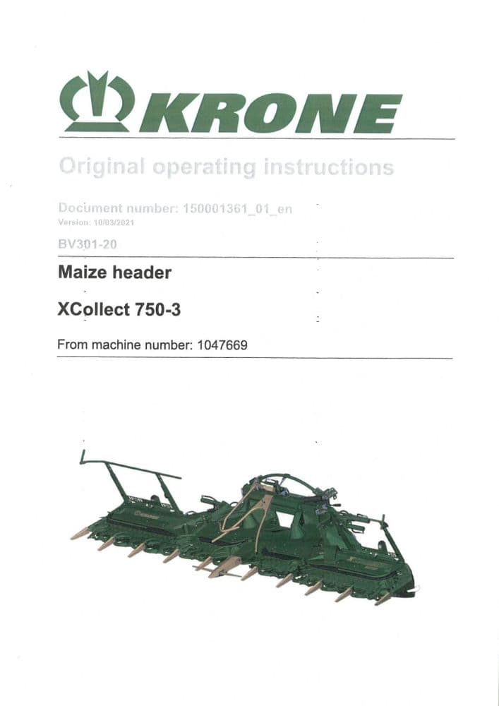 Krone Maize Header XCollect 750-3 - Operators Manual - 750-3
