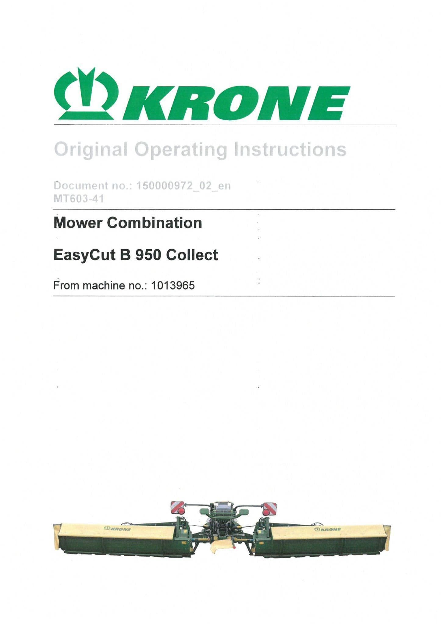 Krone Mower Combination Easycut B950 Collect Operators Manual B 950