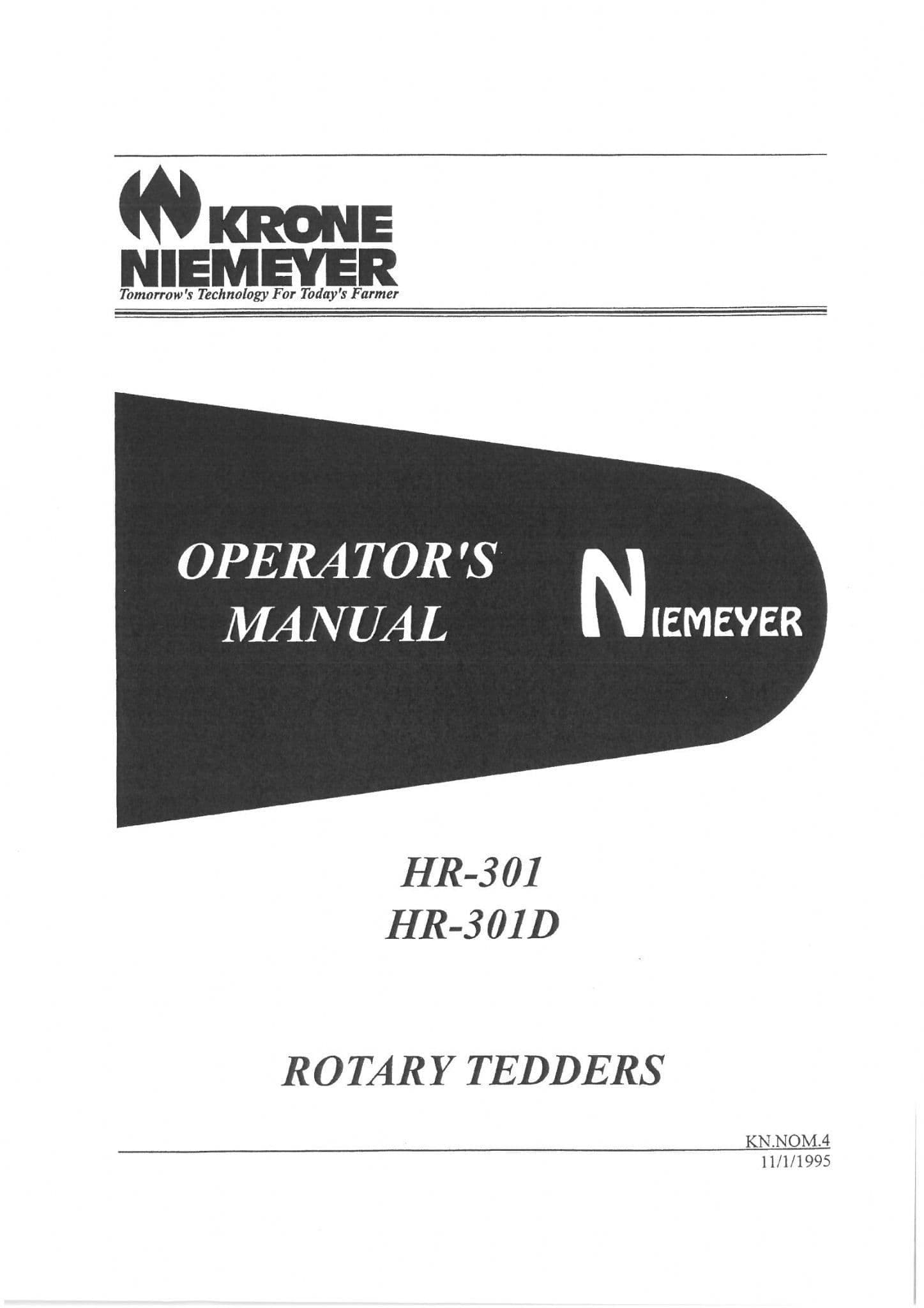 Krone Niemeyer Rotary Tedder Rake HR301 & HR301D Operators Manual HR 301 D