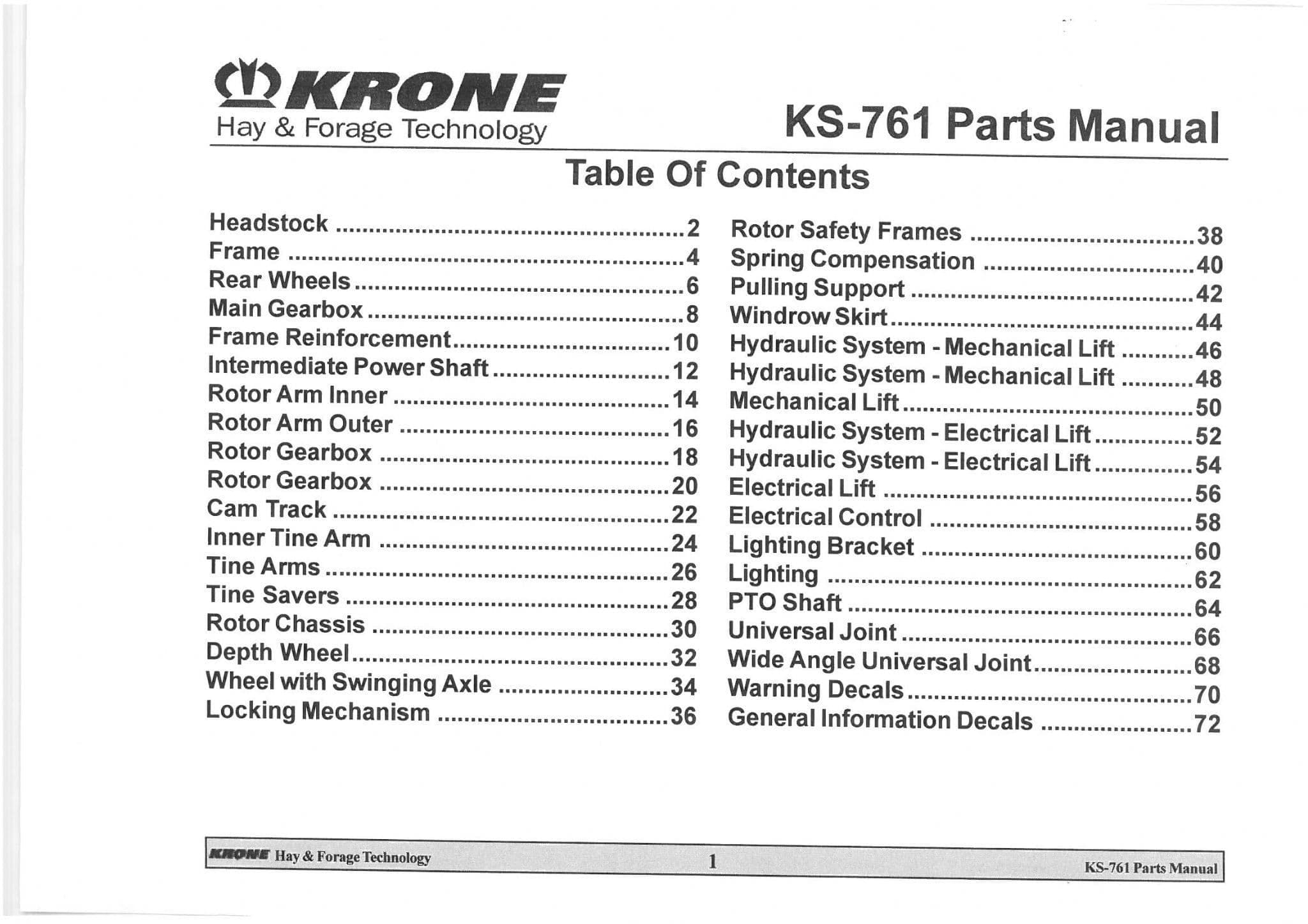 Krone Rotary Rake Tedder KS-761 Parts Manual