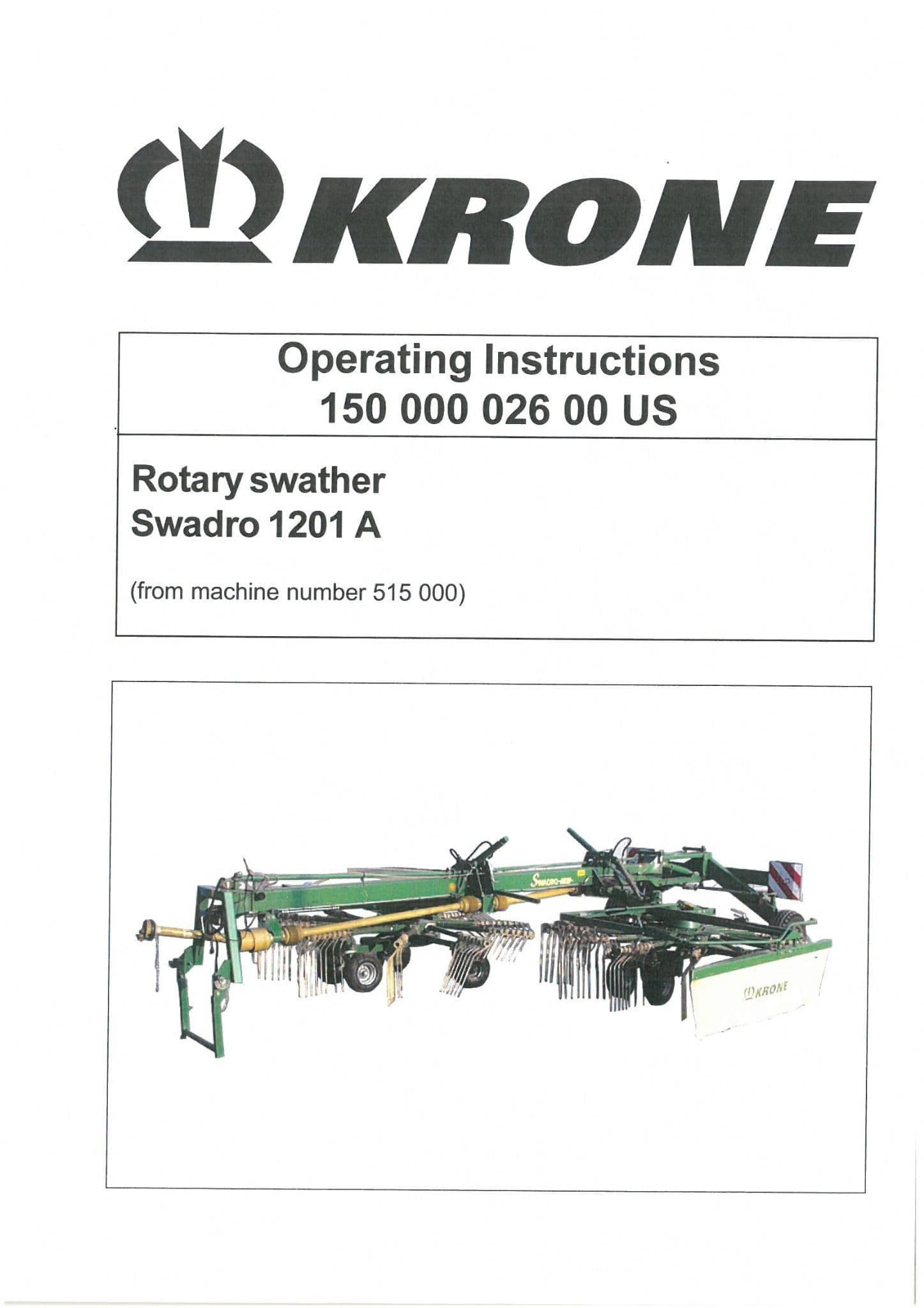 Krone Rotary Swather Rake Swadro 1201A Operators Manual