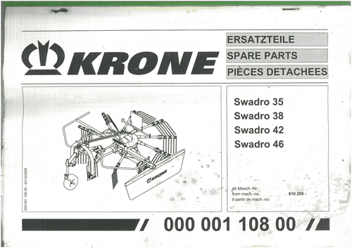 Krone Rotary Swather Rake Swadro 35 38 42 46 Parts Manual