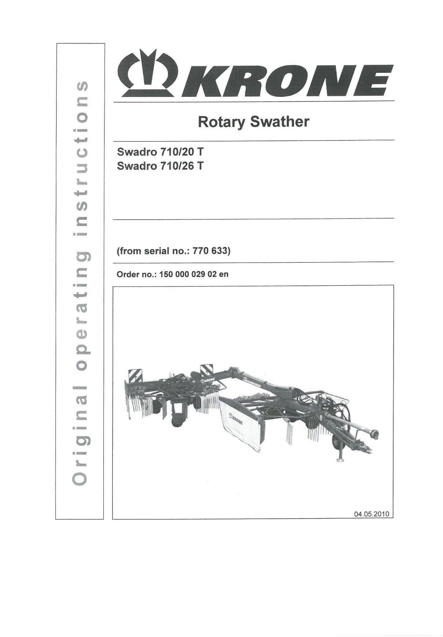 Krone Rotary Swather Rake Swadro 710/20T 710/24T Operators Manual