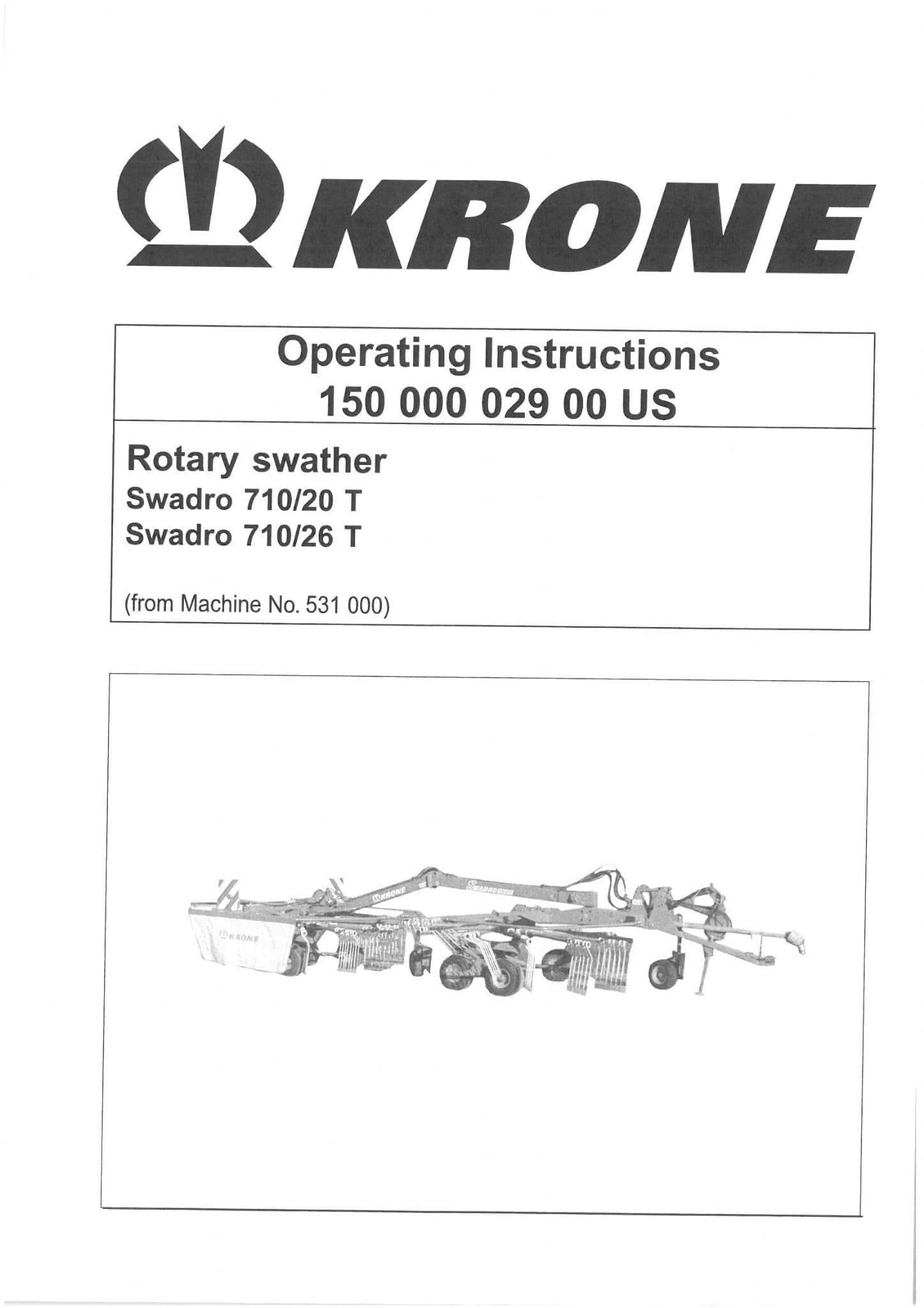 Krone Rotary Swather Rake Swadro 710/20T & 710/26T Operators Manual