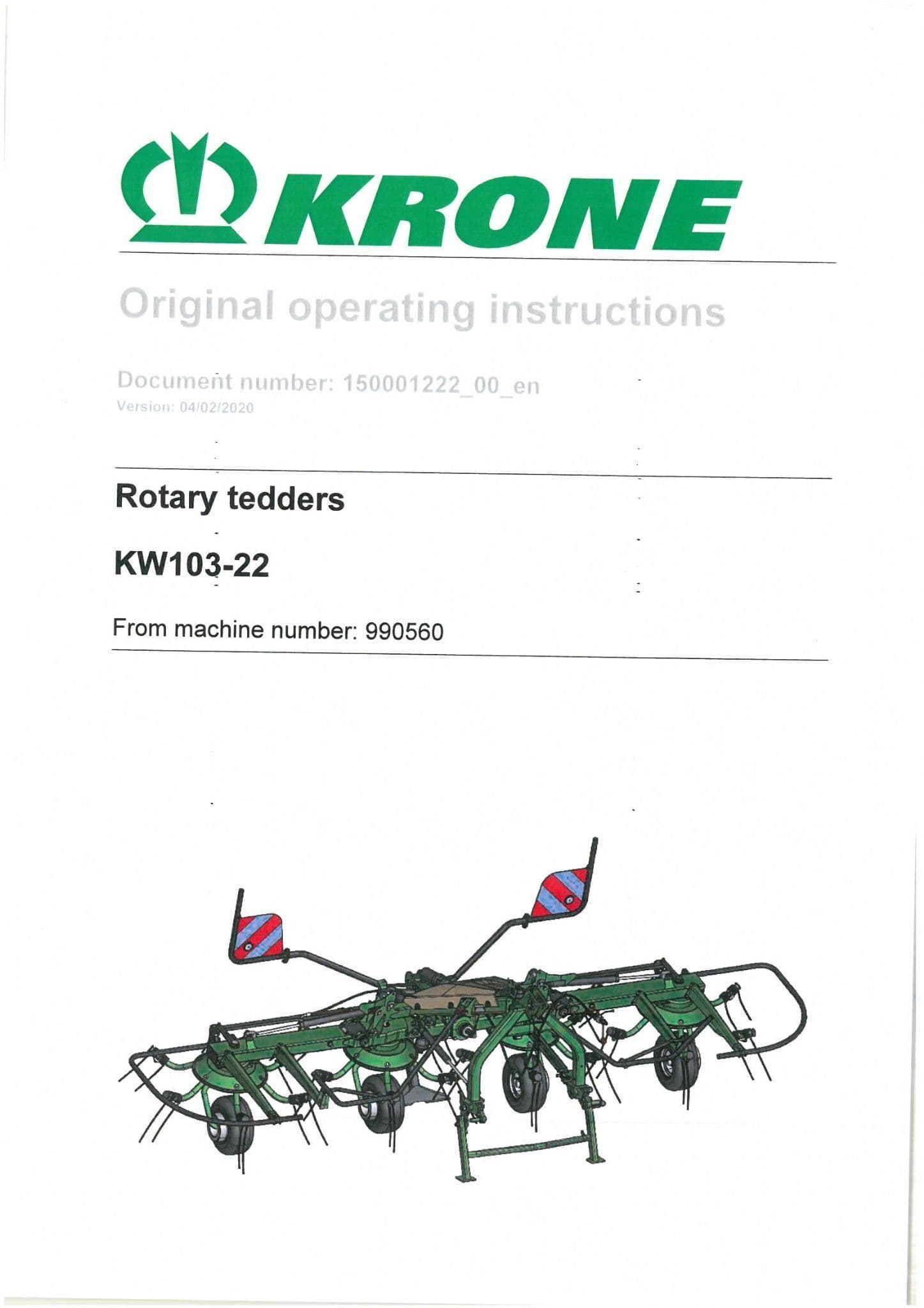 Krone Rotary Tedder Rake KW 103-22 Operators Manual