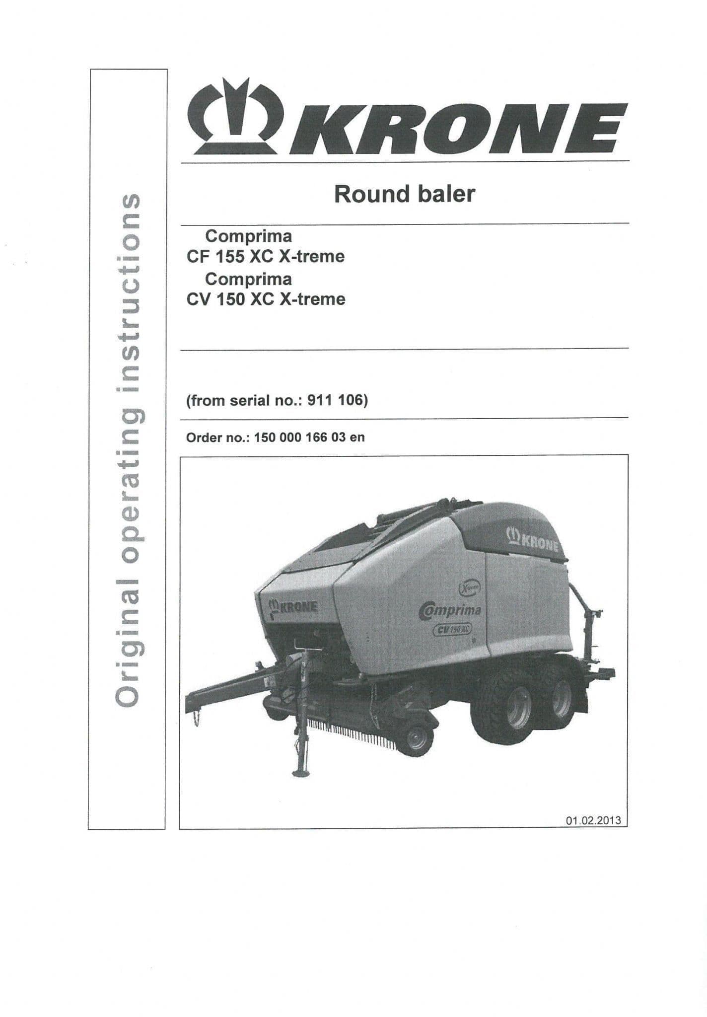 Krone Round Baler Comprima CF155XC X-Treme CV150XC X-Treme Operators ...