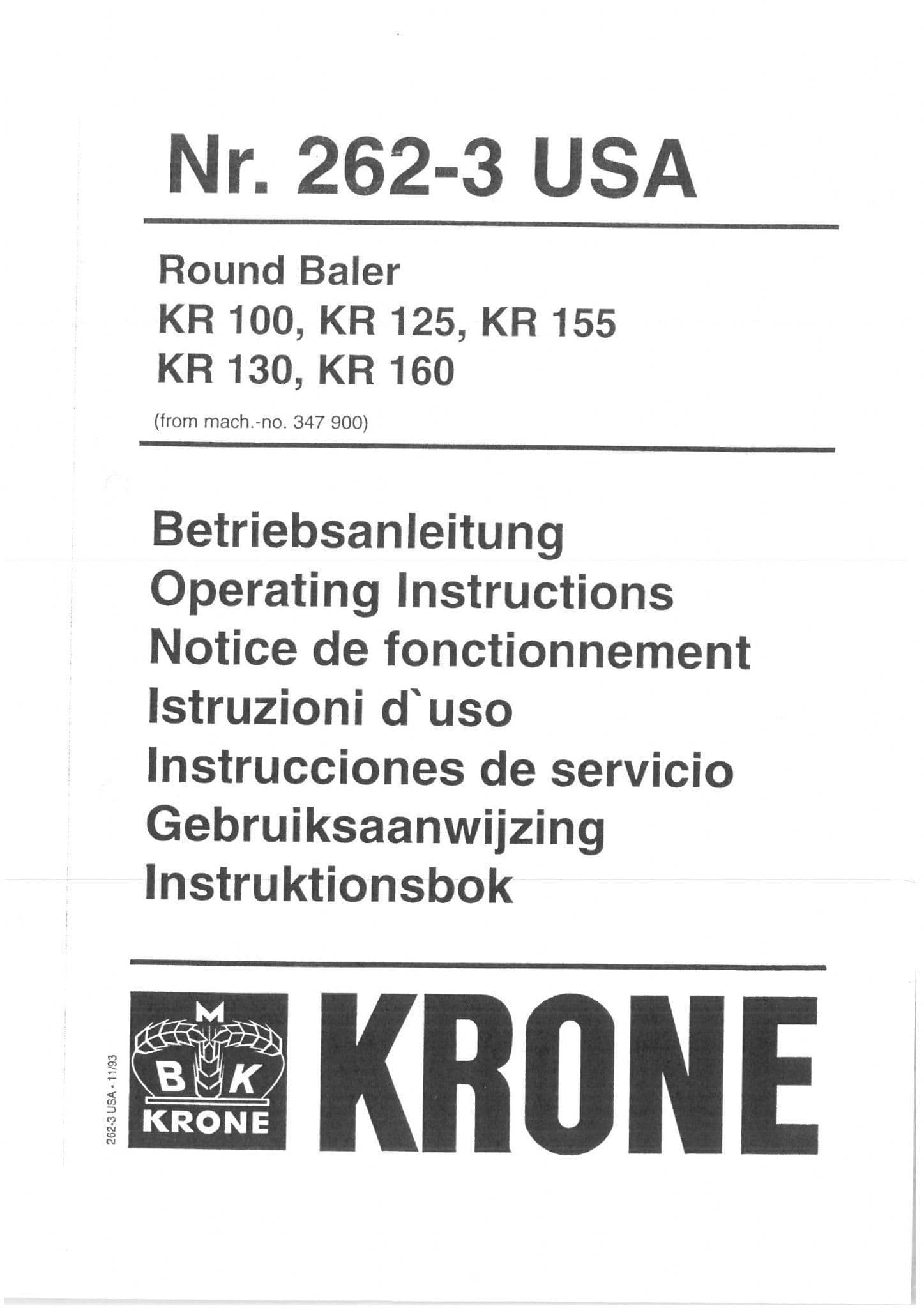 Krone Round Baler KR100 KR125 KR155 KR130 KR160 Operators Manuals KR ...