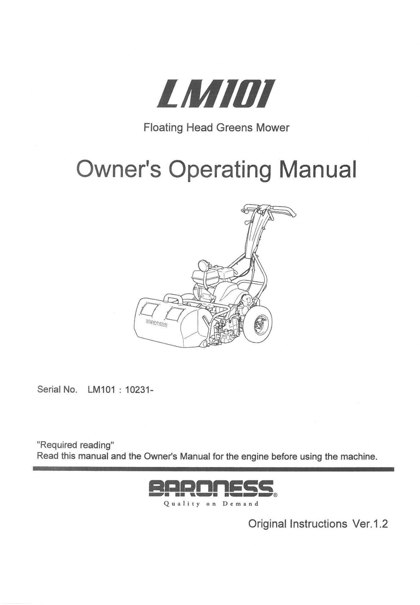 Kubota Baroness Floating Head Greens Mower LM101 Operators Manual LM 101