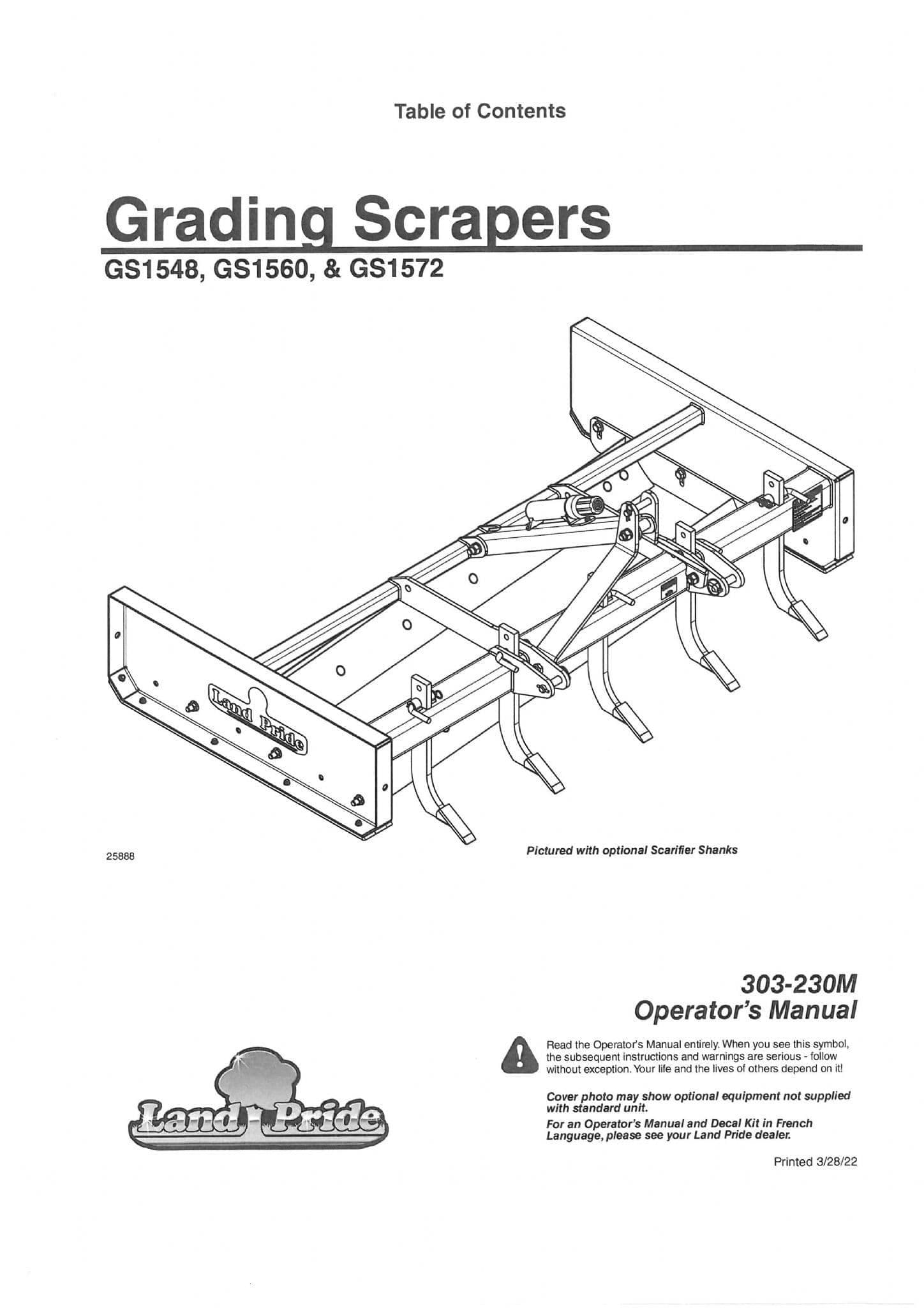 Kubota Land Pride Grading Scraper GS0548 & GS0560 Operators Manual