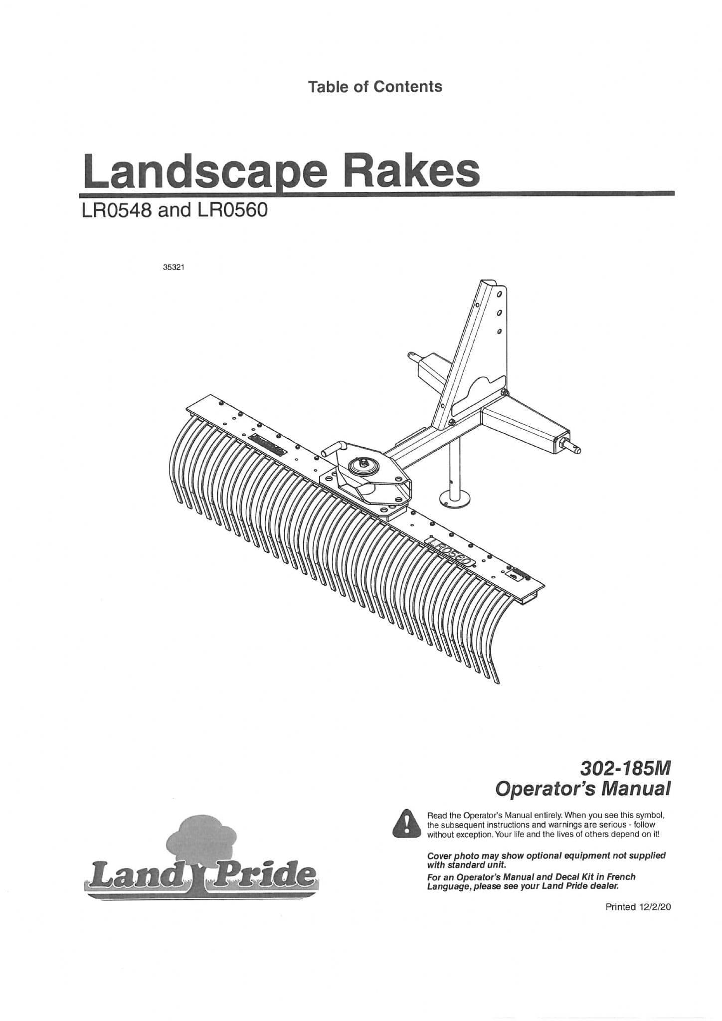 Kubota Land Pride Landscape Rakes LR0548 LR0560 Operators Manual