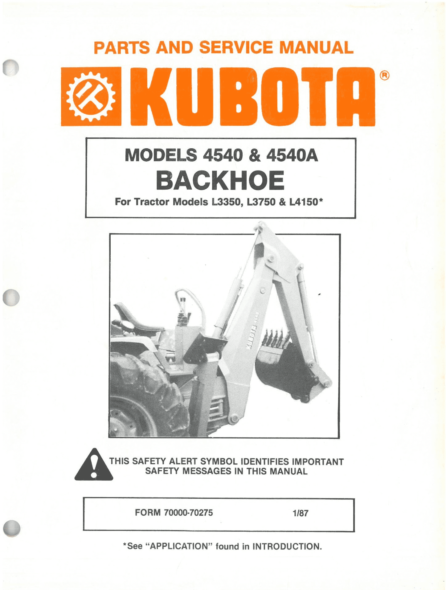 Kubota Models 4540 & 4540A Backhoe For Tractor Models L3350 L3750 L4150 ...