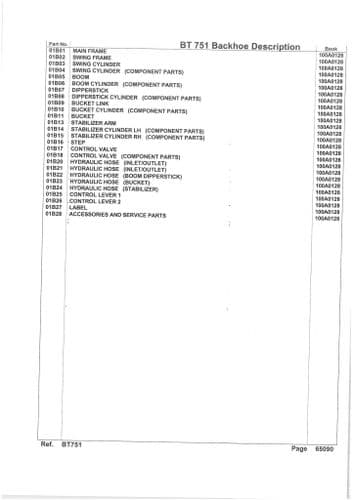 Kubota Tractor Loader Backhoe BT751 Parts Manual BT 751