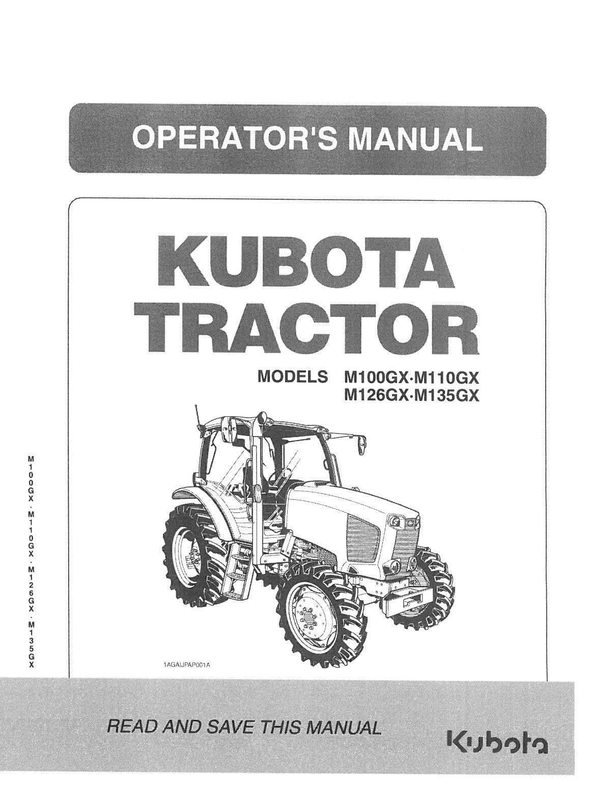 Kubota Tractor M100GX M110GX M126GX M135GX Operators Manual M 100 110 ...