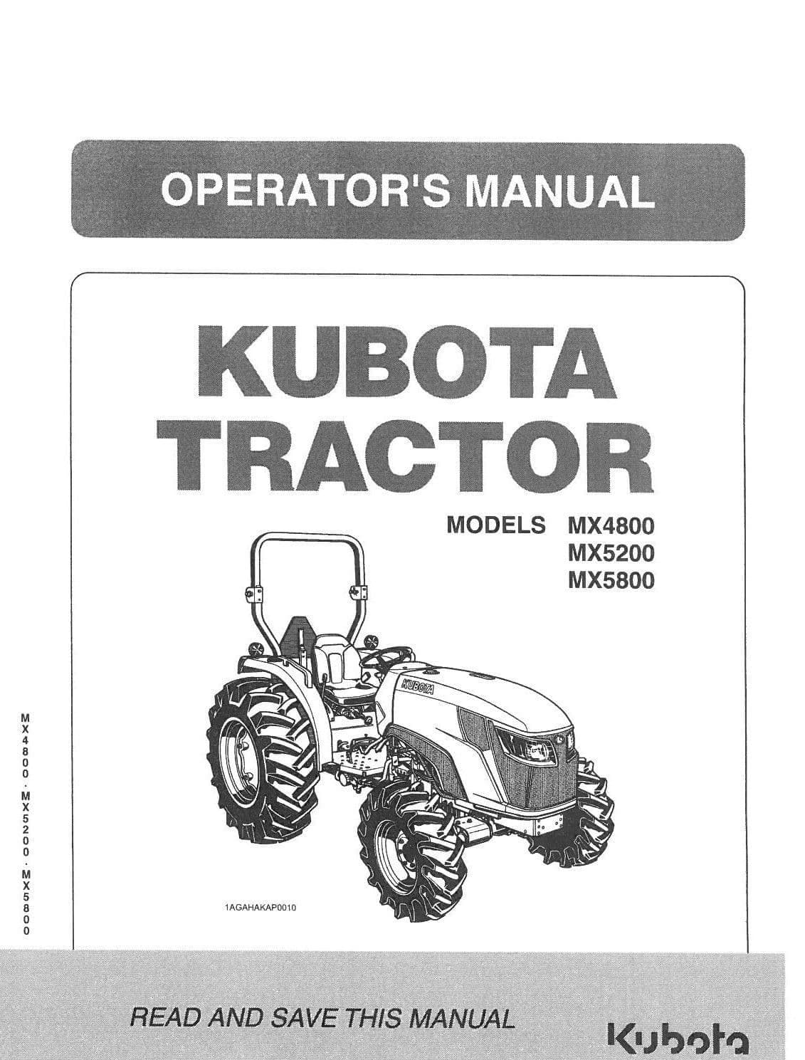 Kubota Utility Tractor MX4800 MX5200 MX5800 Operators Manual