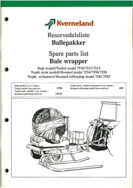 Kverneland Bale Wrapper Parts Manual 7510 7512 7515 7554 7556 7558 7581 ...