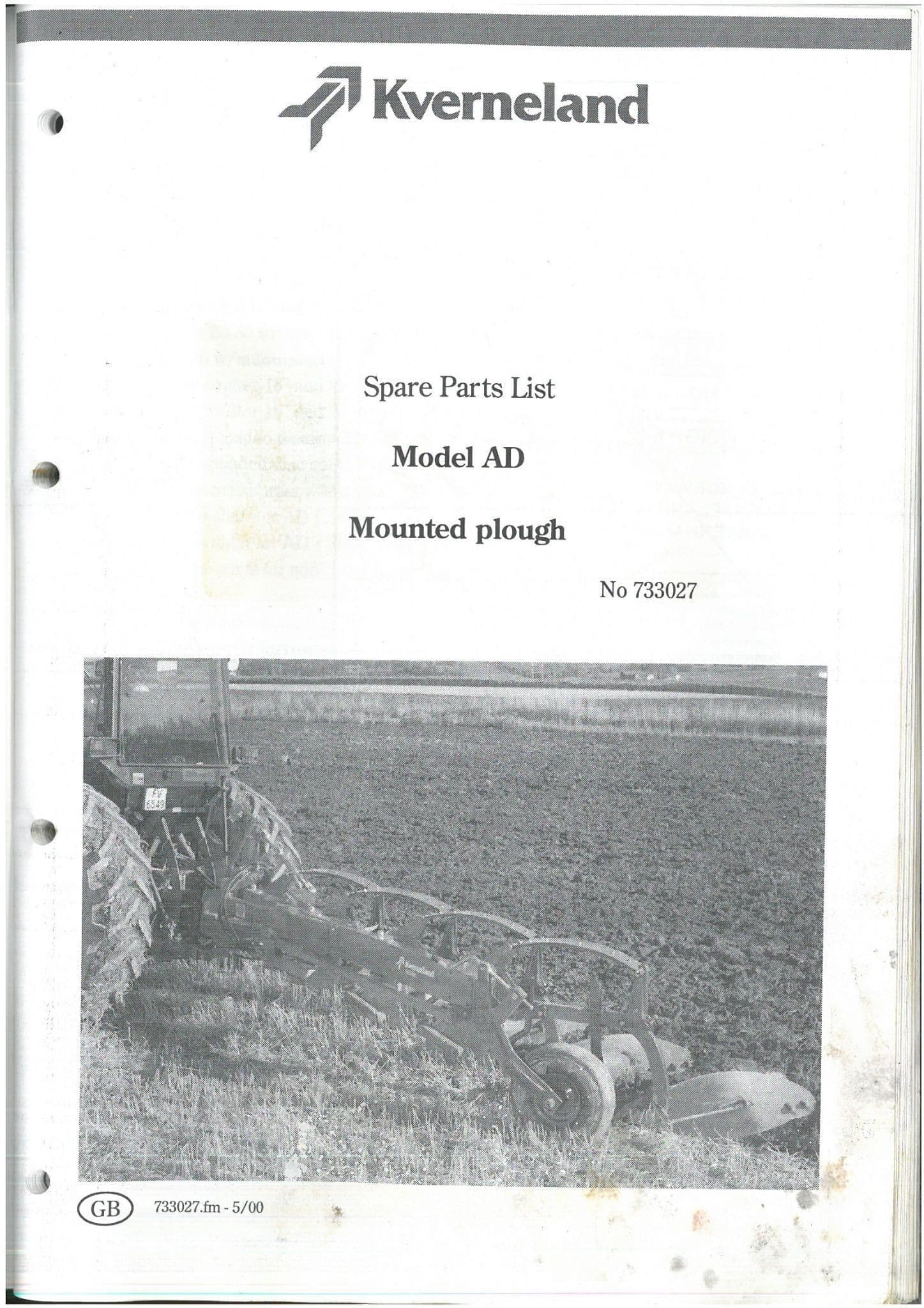 Kverneland Mounted Plough Model AB Parts Manual