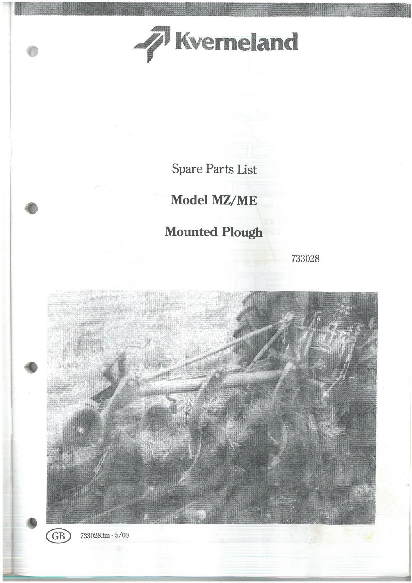 Kverneland Mounted Plough Model MZ/ME Parts Manual