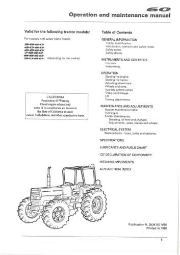 Landini Tractor 5860 6060 6860 7860 8860 9060 Operators Manual - Dated 1998