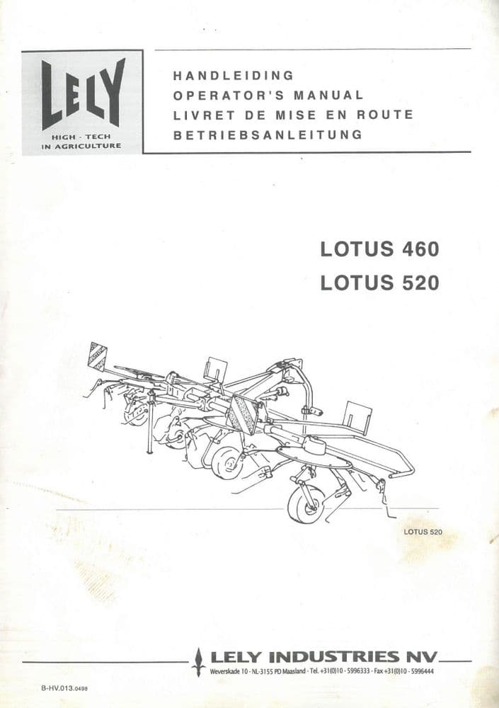 Lely Lotus 460 520 Rotary Tedders Operators Manual - 460 520