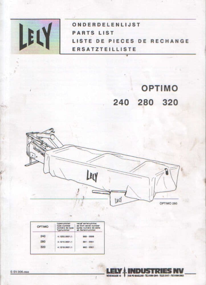 Lely Mower Optimo 240 280 320 Parts Manual