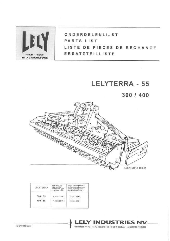 Lely Rotary Harrow Lelyterra 55 300 400 Parts Manual