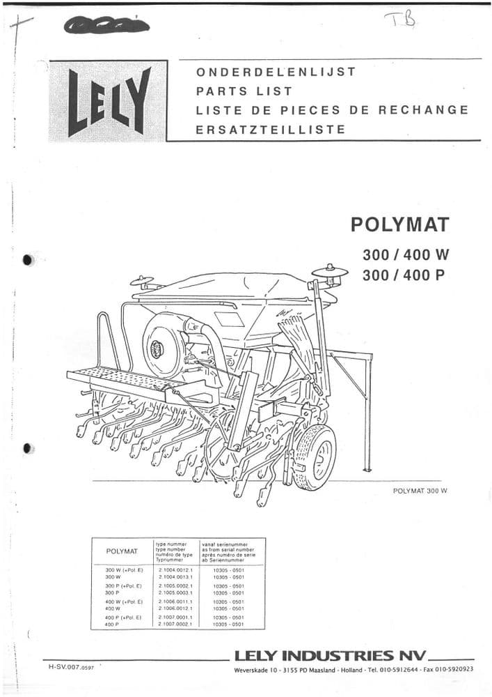 Lely Seed Drill Polymat 300P 400P 300W 400W Parts Manual - P W 300 & 400