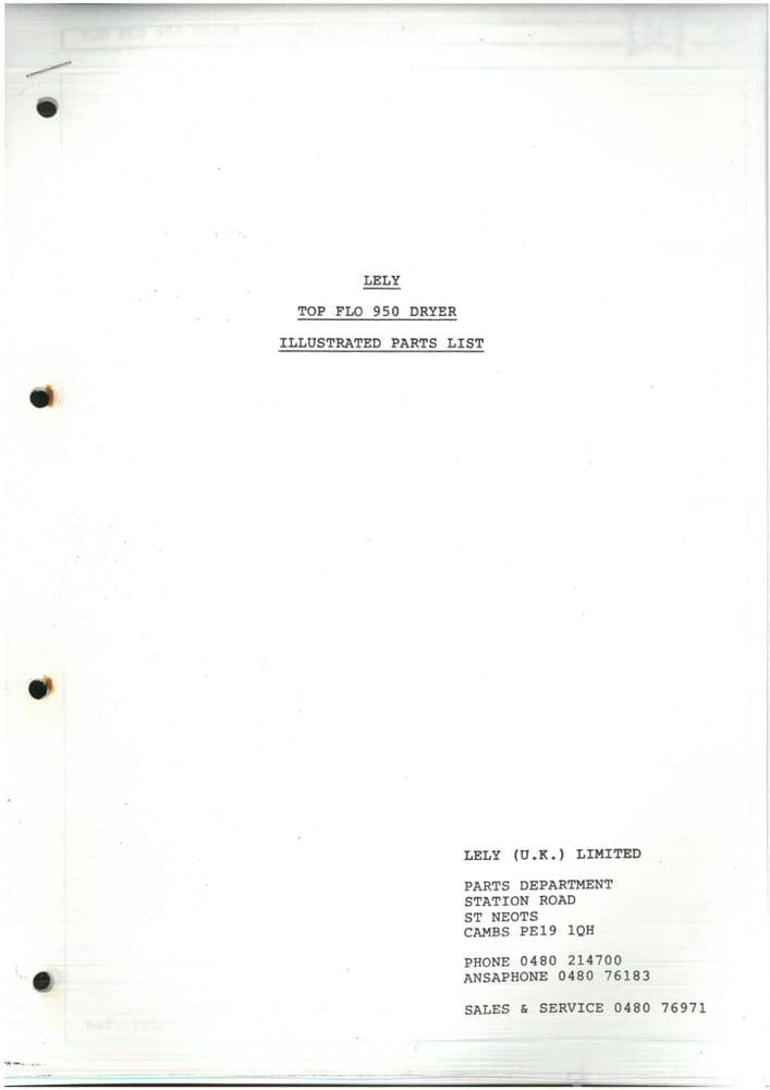 Lely Top Flo Dryer 950 Parts Manual