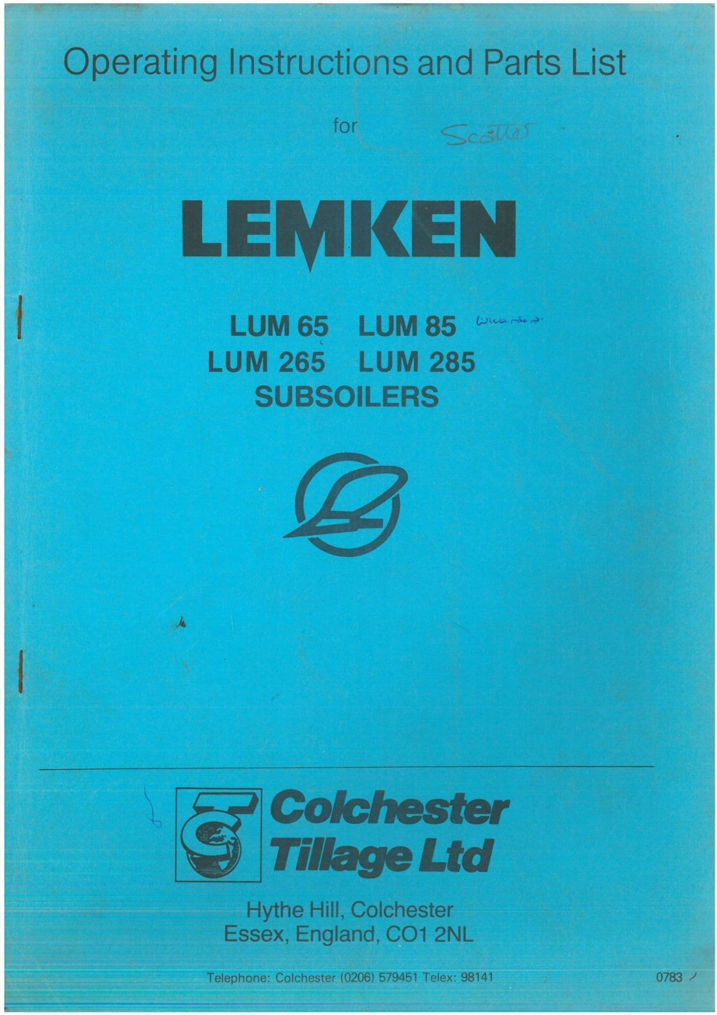 Lemken Subsoiler Lum 65 85 265 285 Operators Manual and Parts List