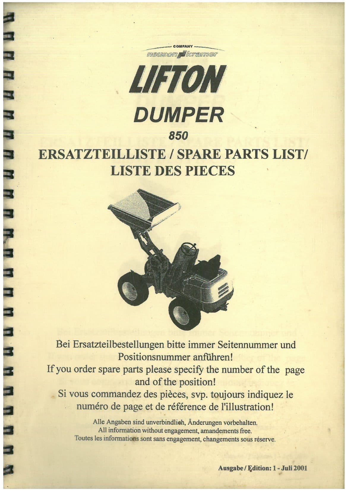 Lifton Dumper 850 Parts Manual
