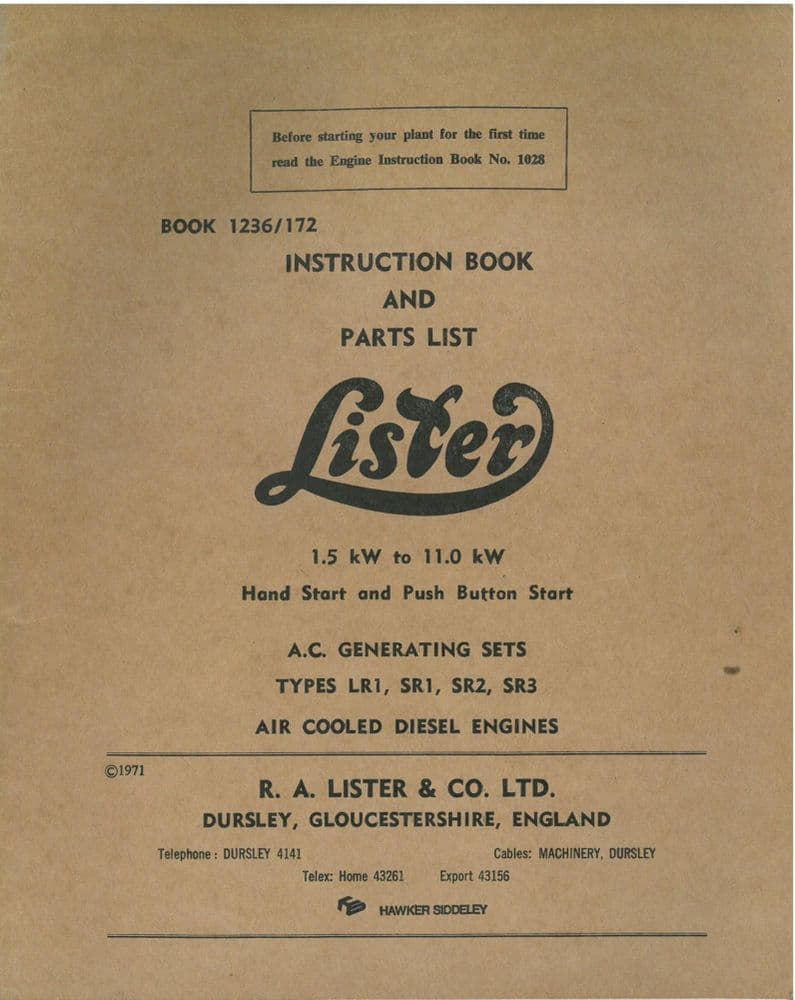 Lister A C Generating Sets for Engines LR1 SR1 SR2 SR3 Operators Manual ...