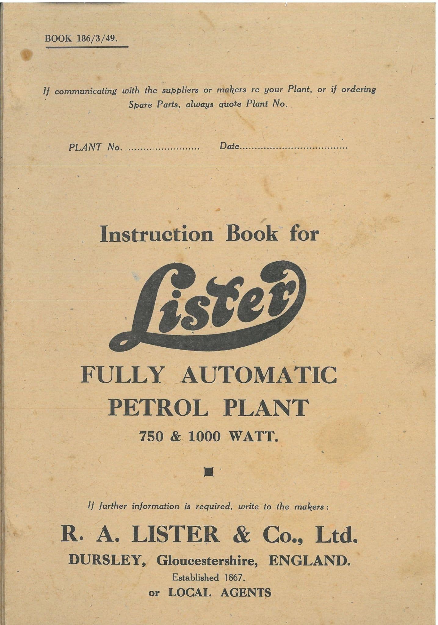 Lister Fully Automatic Petrol Plant Operators Manual - 750 & 1000 Watt