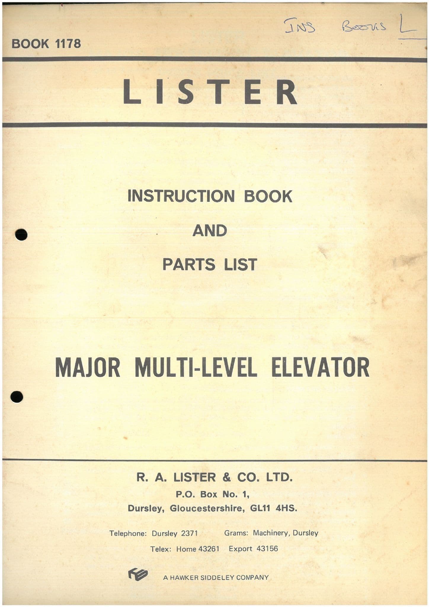 Lister Major Multi-Level Elevator Operators Manual with Parts List