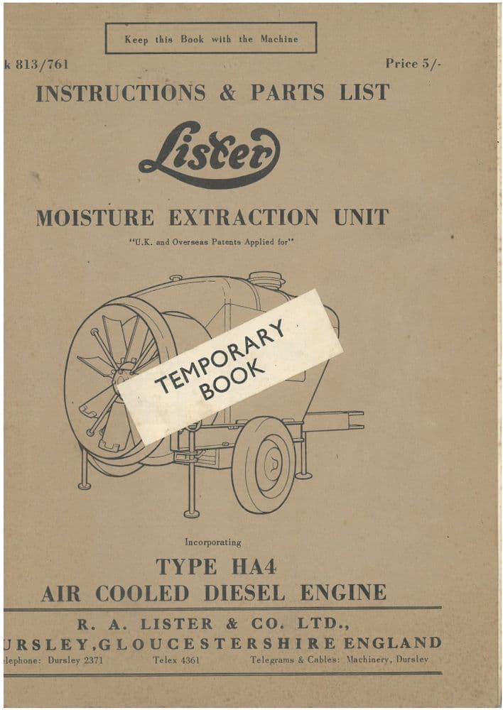Lister Moisture Extraction Unit Inc Type HA4 Operation And Parts List