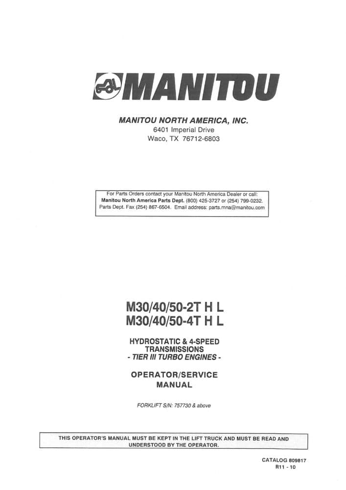 Manitou Rough Terrain Forklift M30 M40 M50-2THL & 4THL Operators Manual