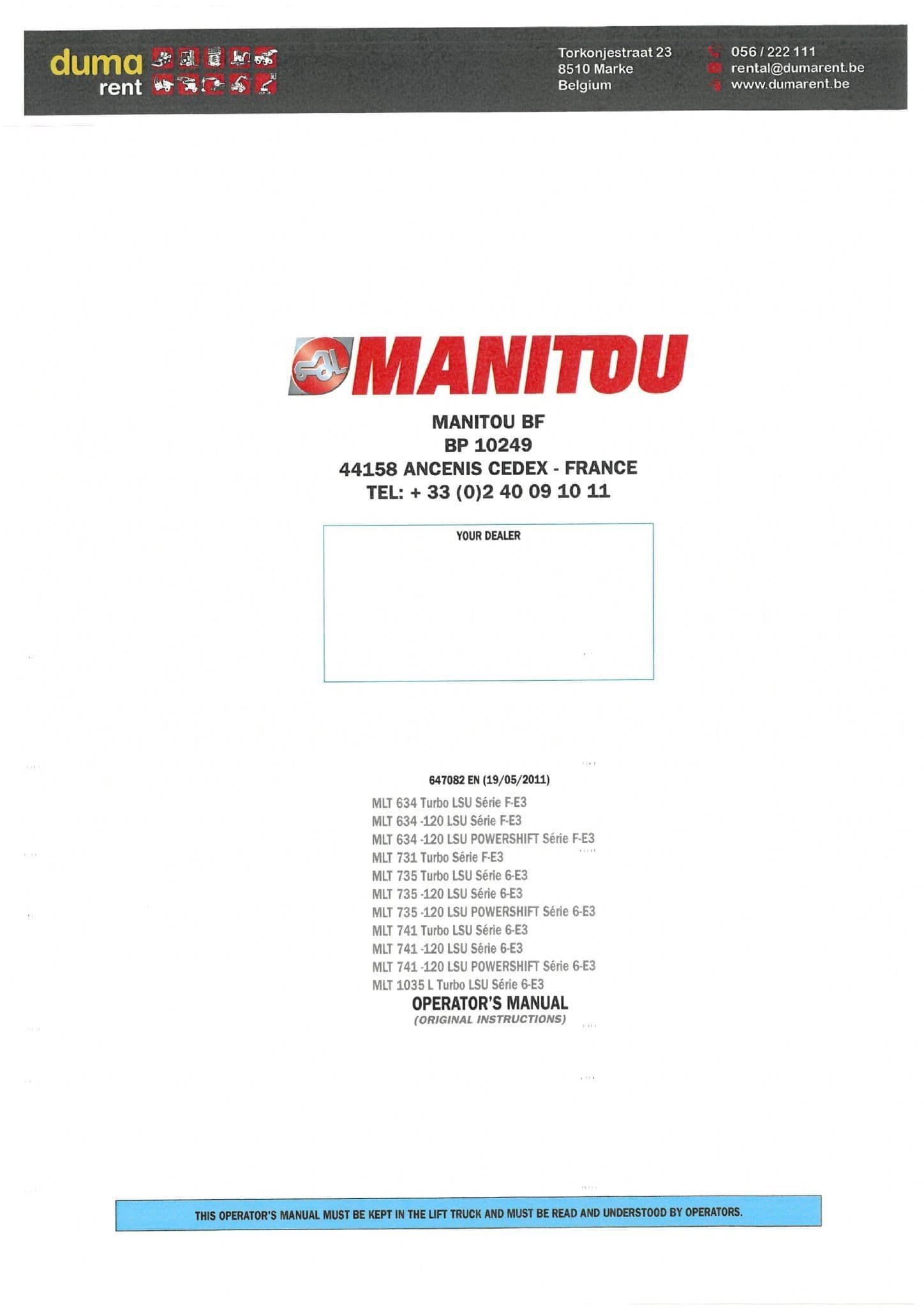Manitou Telescopic Handler MLT634 MLT731 MLT735 MLT741 MLT1035 LSU and ...