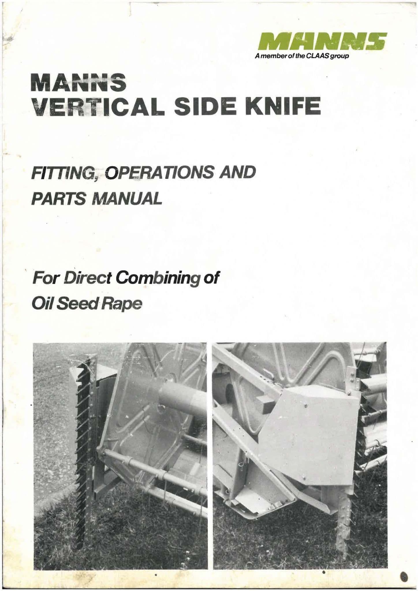 Manns Claas Vertical Side Knife Operators Manual & Parts List