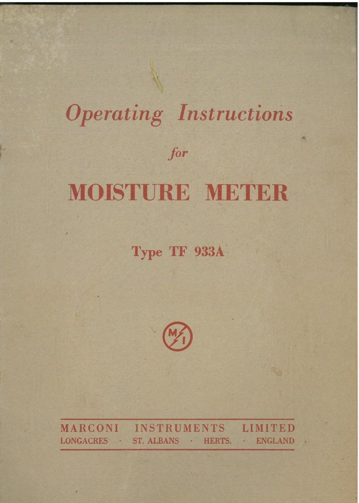 Marconi Moisture Meter TF933A Operators Manual TF 933 A