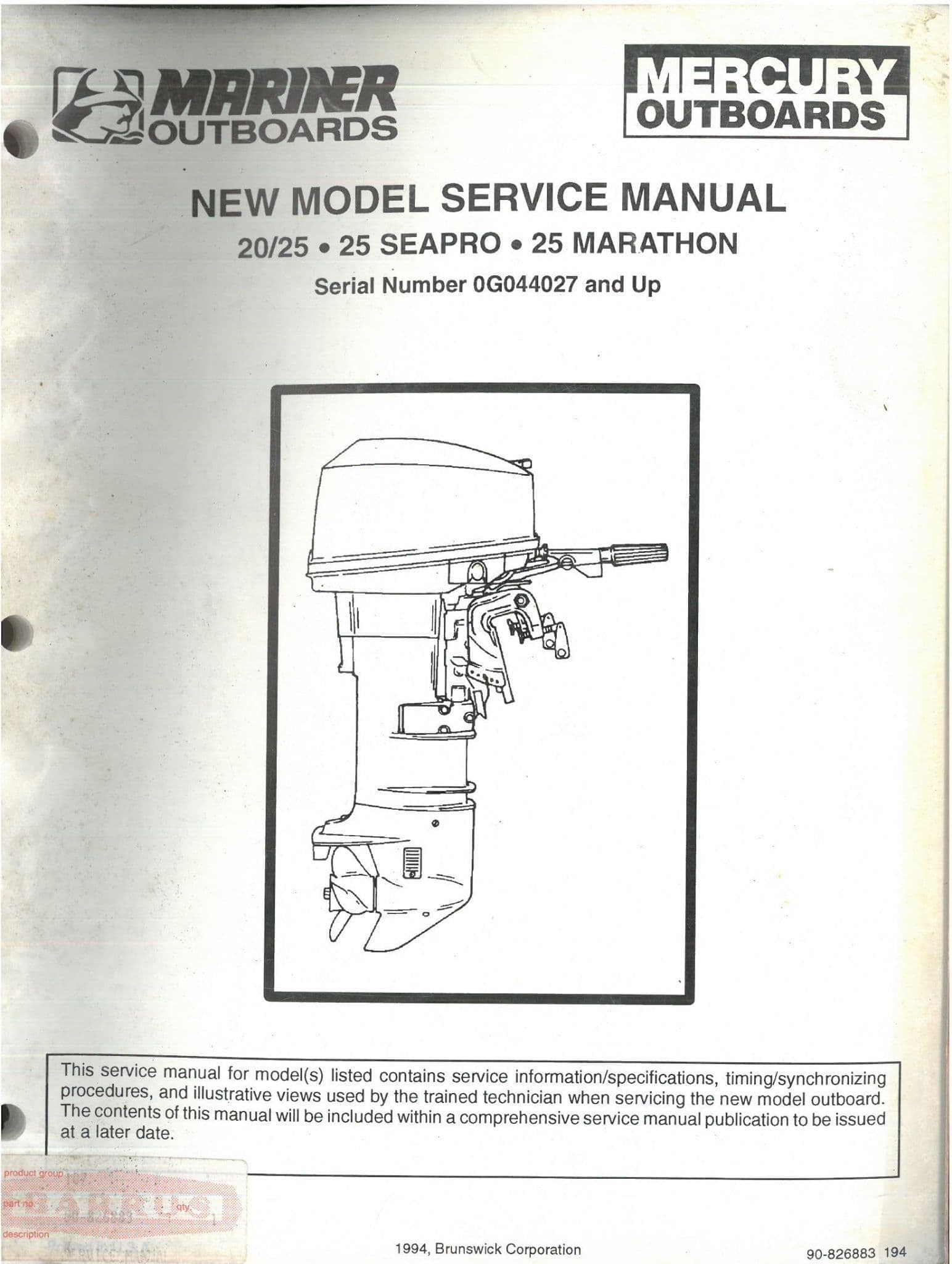 Mariner Mercury Outboards 20/25 25 Seapro 25 Marathon Workshop Service ...