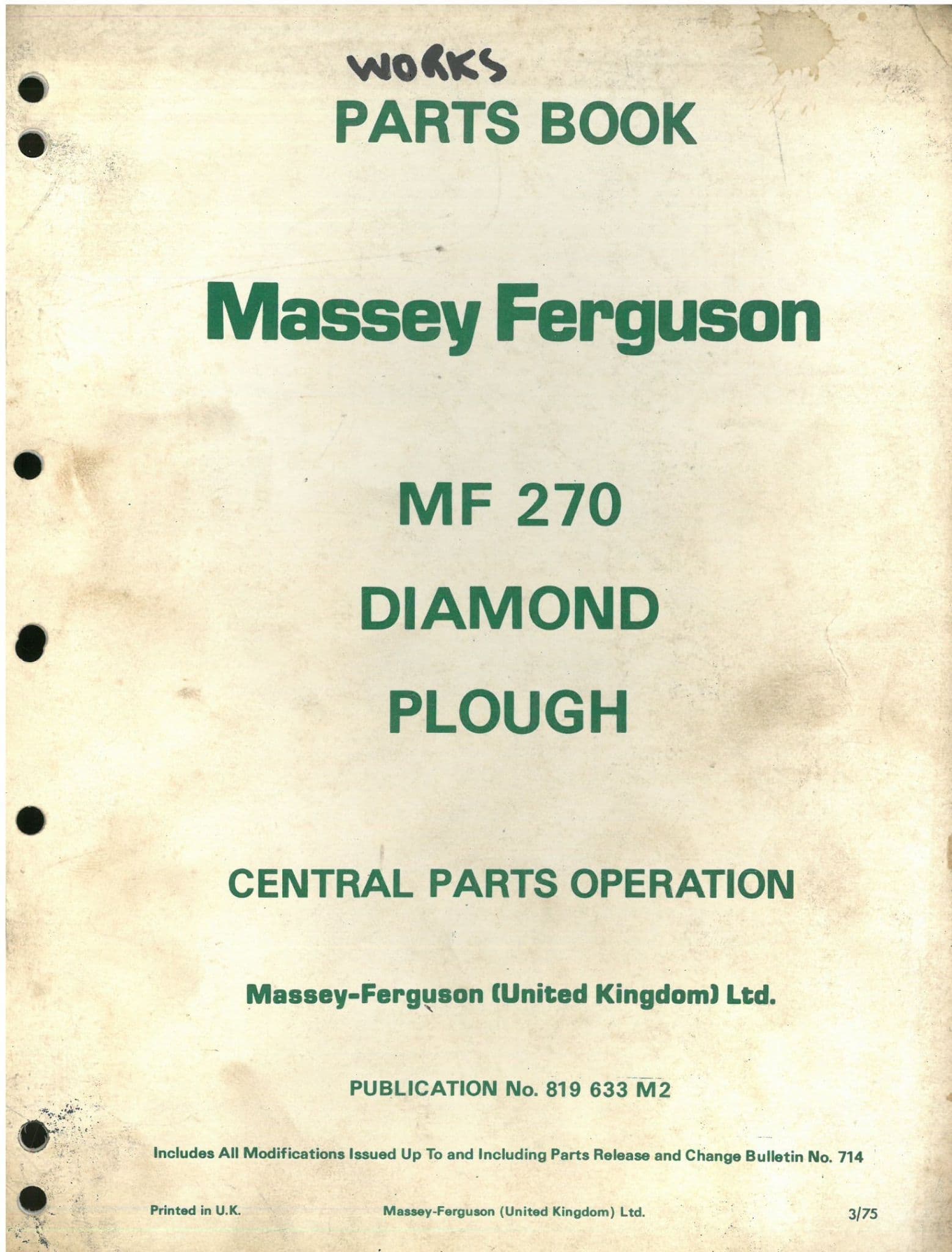 Massey Ferguson MF270 Diamond Plough Parts Manual - MF 270