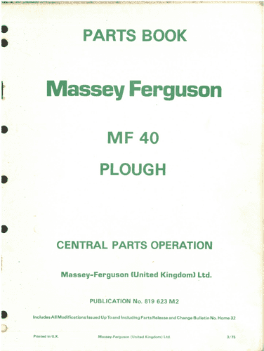 Massey Ferguson MF40 Plough Parts Manual - MF 40