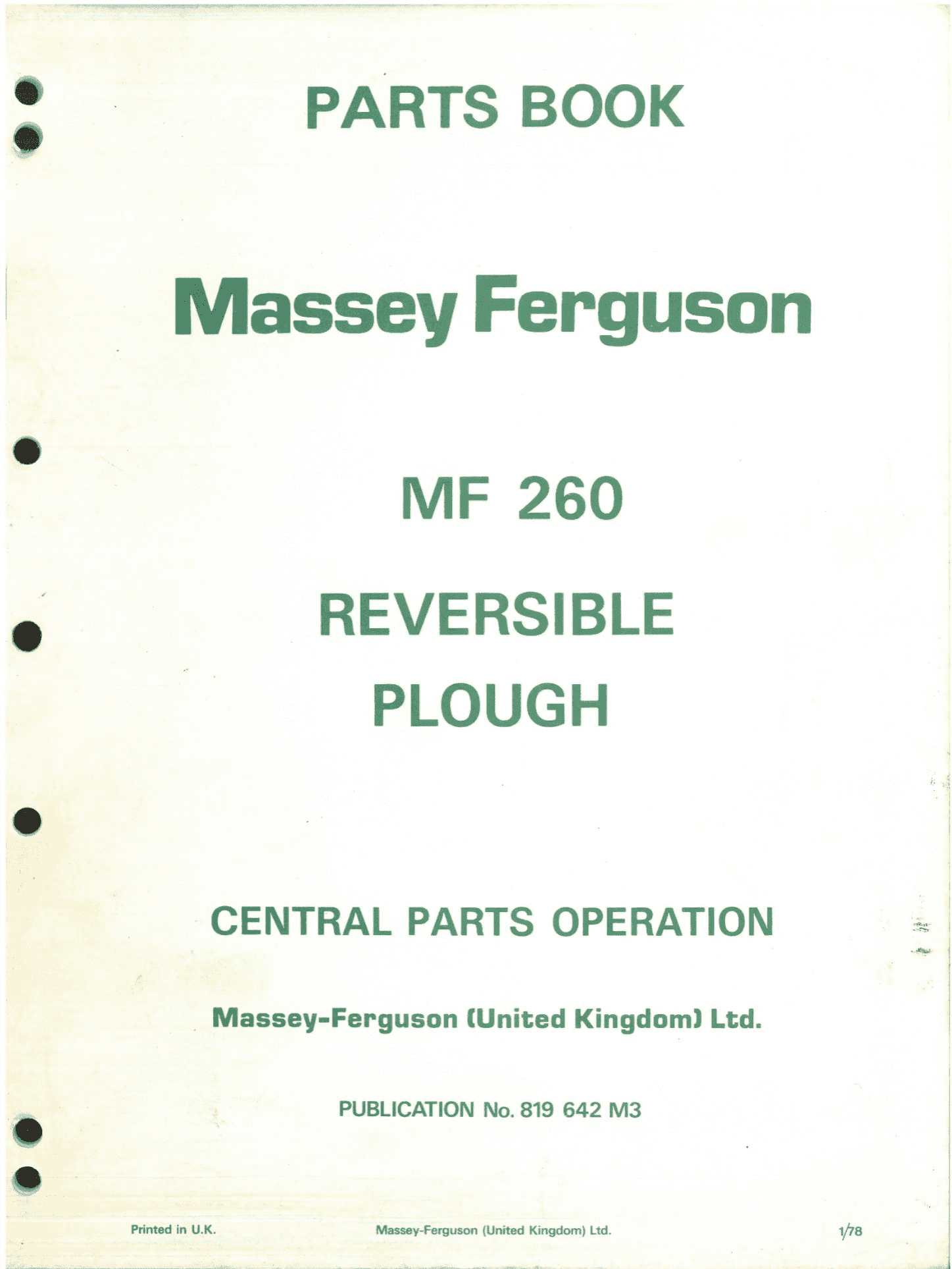 Massey Ferguson Reversible Plough MF 260 Parts Manual