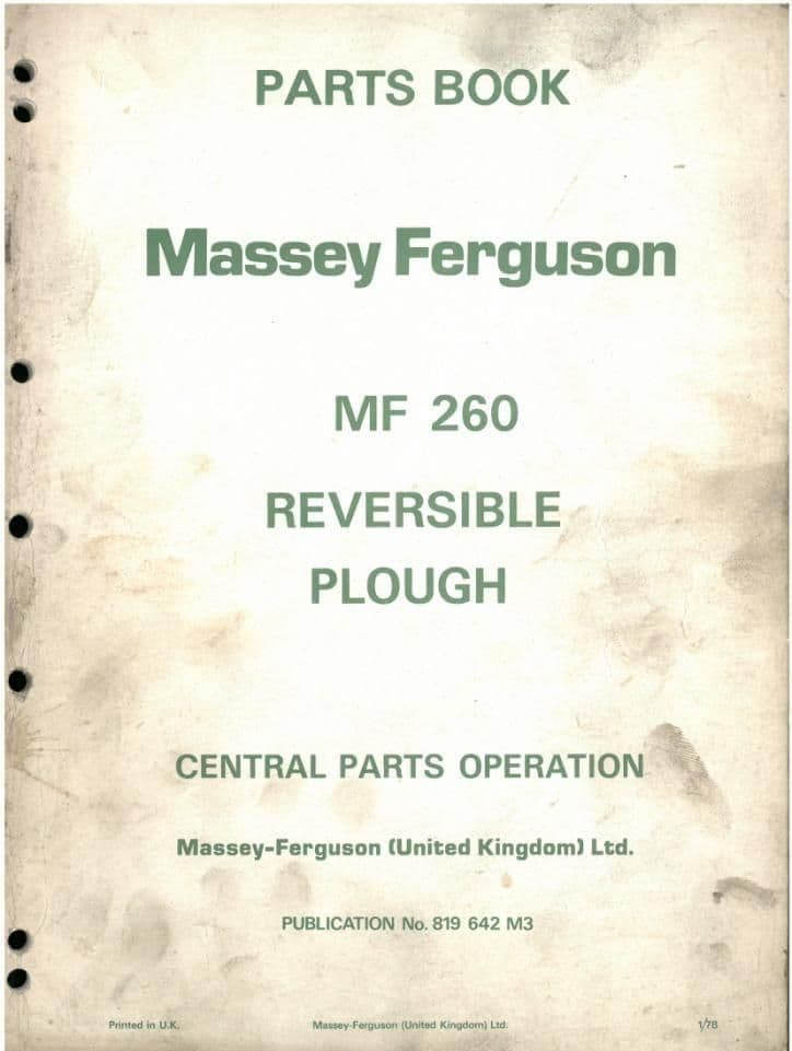 Massey Ferguson Reversible Plough MF260 Parts Manual - MF 260