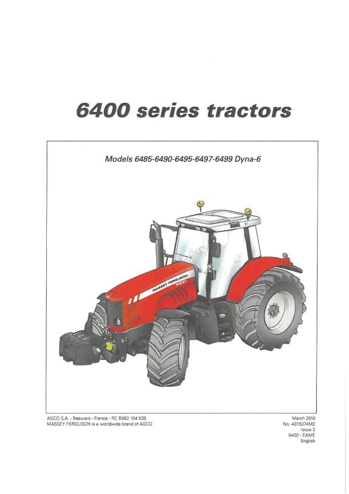 Massey Ferguson Tractor 6485 6490 6495 6497 6499 Operators Manual ...