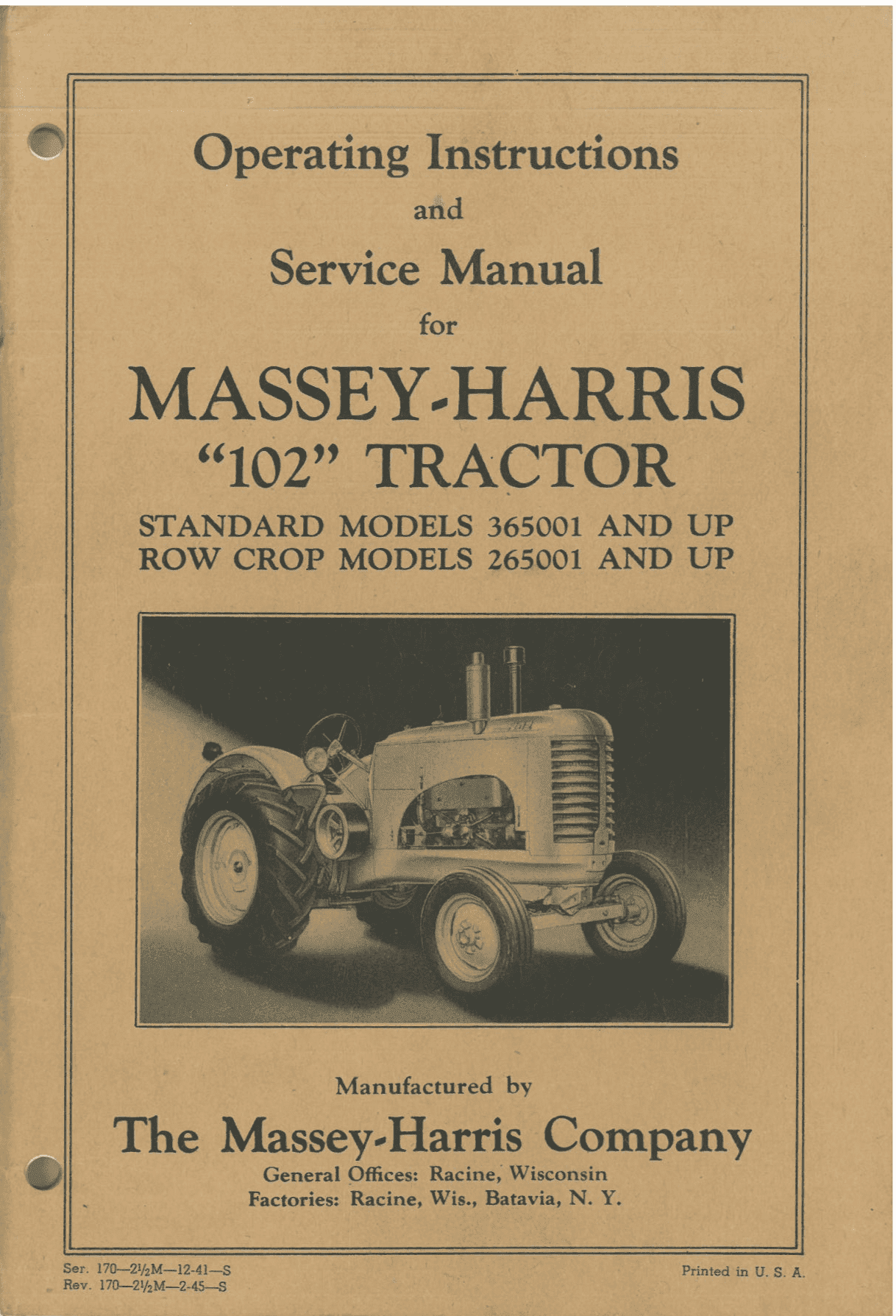 Massey Harris 102 Tractor Parts Manual
