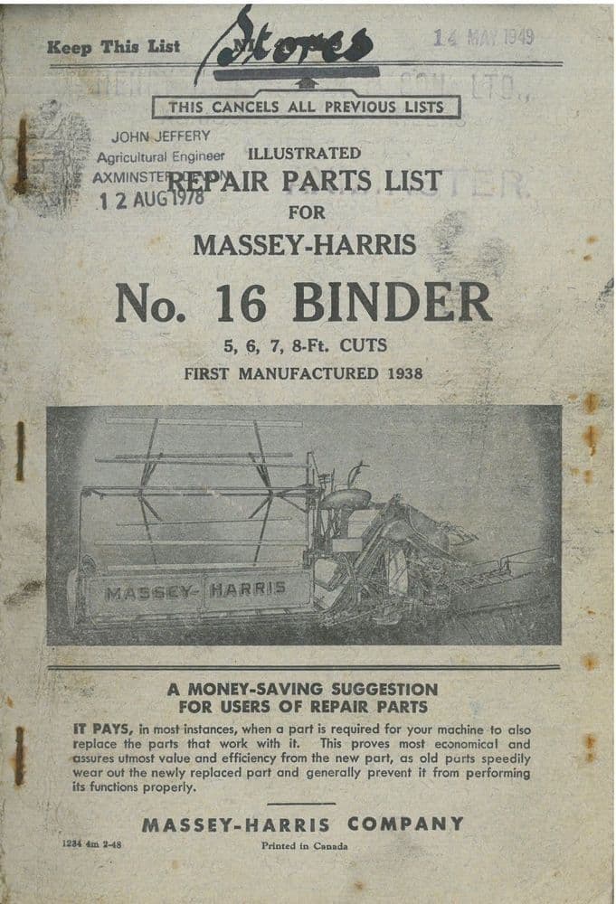 Massey-Harris Binder No 16 Parts Manual