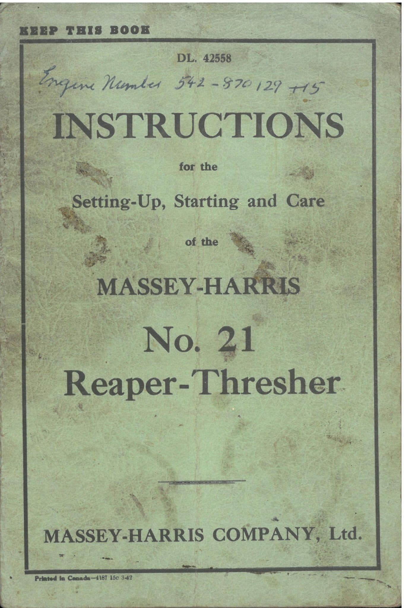 Massey Harris No 21 Reaper Thresher Operators Manual - No21