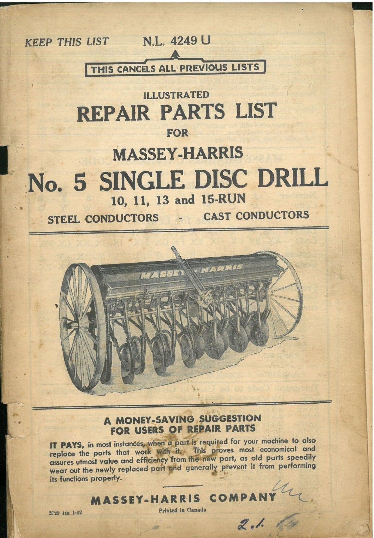 Massey Harris No 5 Single Disc Drill - 10 11 13 & 15 Run Parts Manual