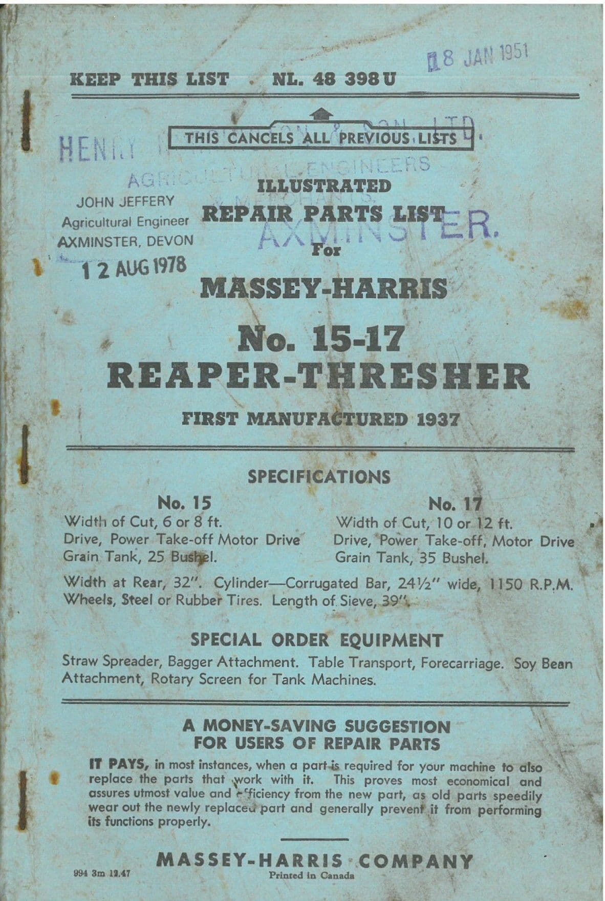 Massey Harris Reaper Thresher No 15-17 Parts Manual