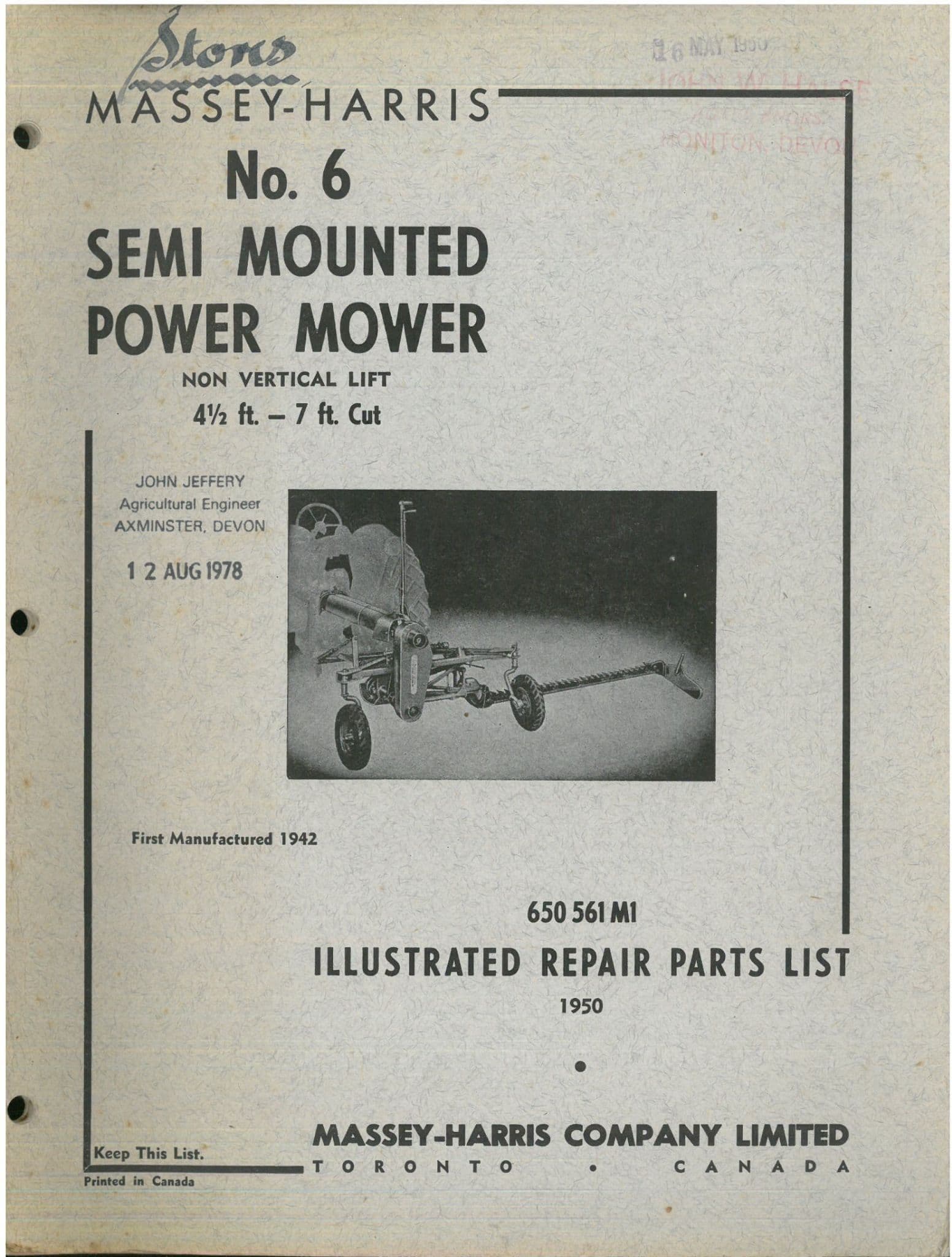 Massey Harris Semi Mounted Power Mower Operators Manual